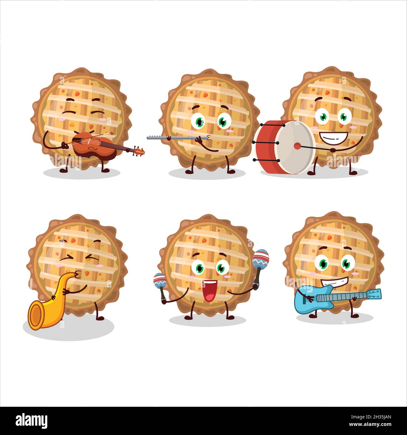 Cartoon character of peach pie playing some musical instruments. Vector ...
