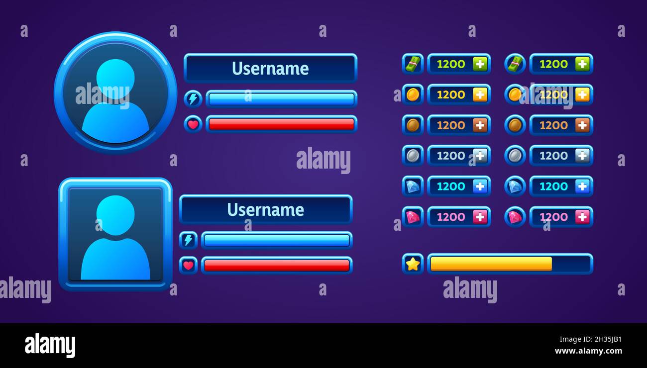 User profile ui game elements with avatar, bars and icons in round and ...