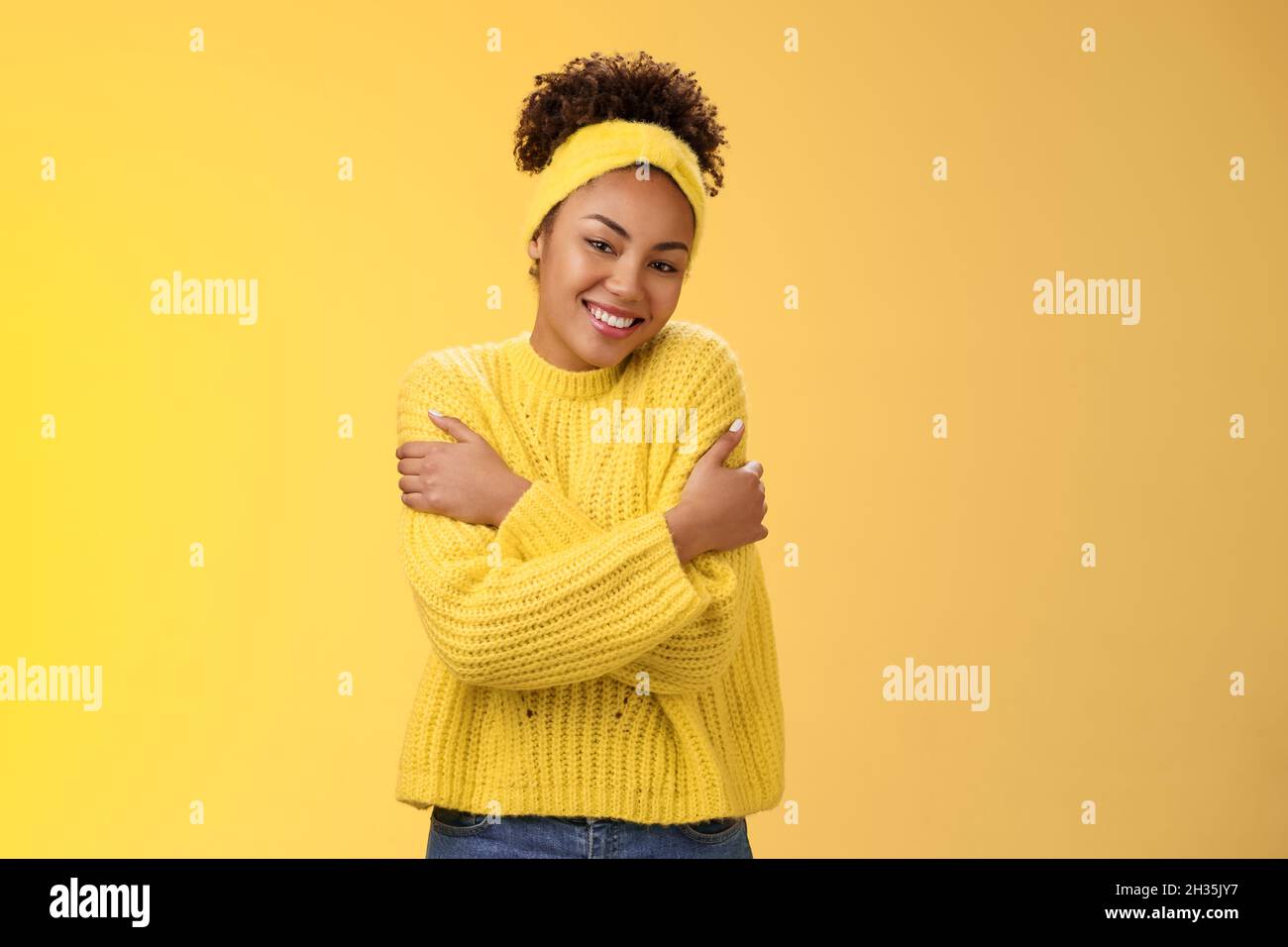 Charming feminine african-american woman lovely tender smile tilting ...