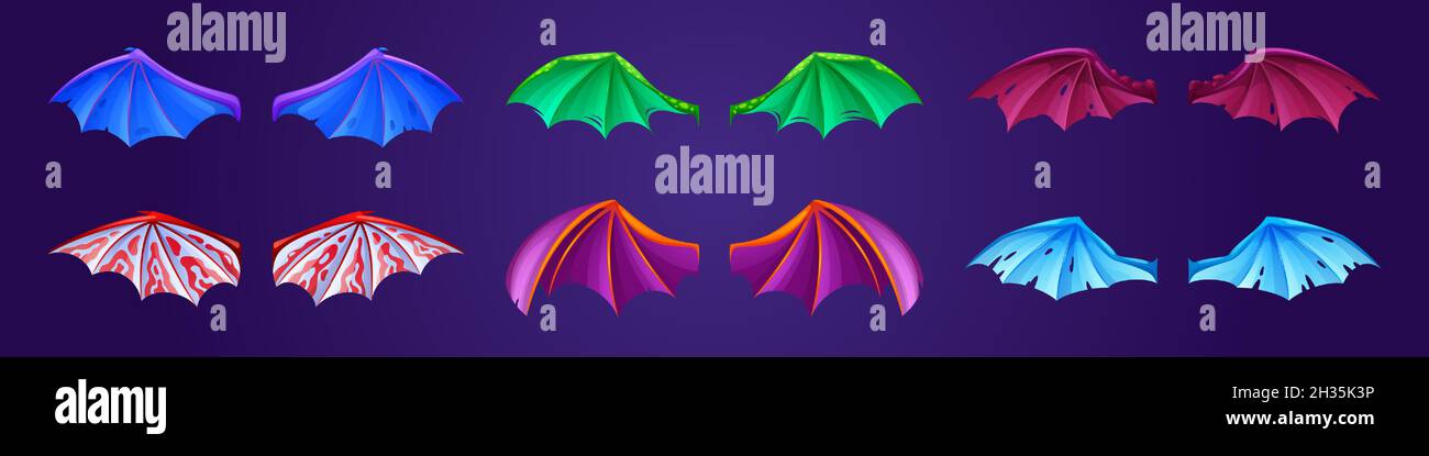 Dragon wings different colors isolated on background. Vector cartoon ...