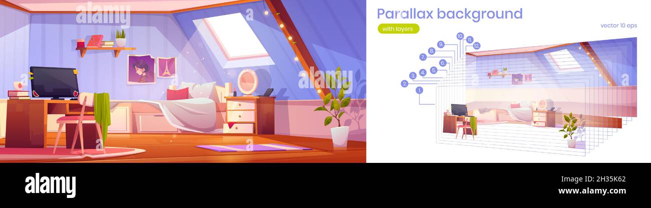 Parallax background girl bedroom interior on attic. Teenager mansard ...