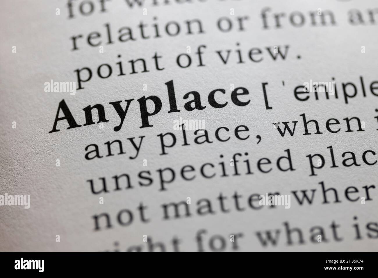 Fake Dictionary word, Dictionary definition of anyplace Stock Photo - Alamy