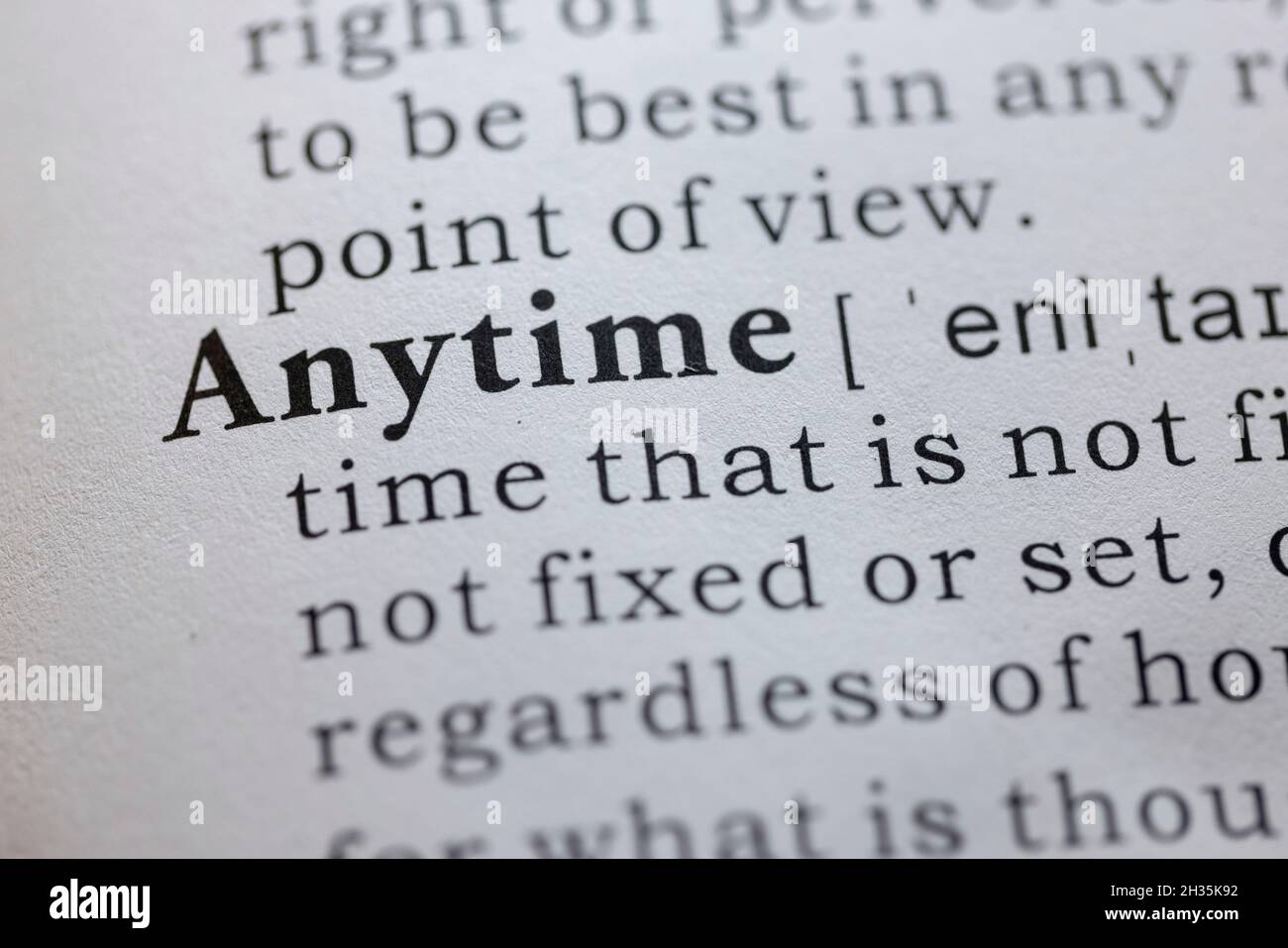 Fake Dictionary word, Dictionary definition of anytime Stock Photo - Alamy