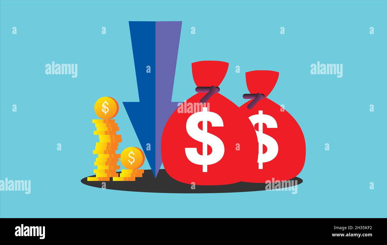 Decrease revenue. Crisis of economy. Icon of money inflation. Graph of financial investment with ...