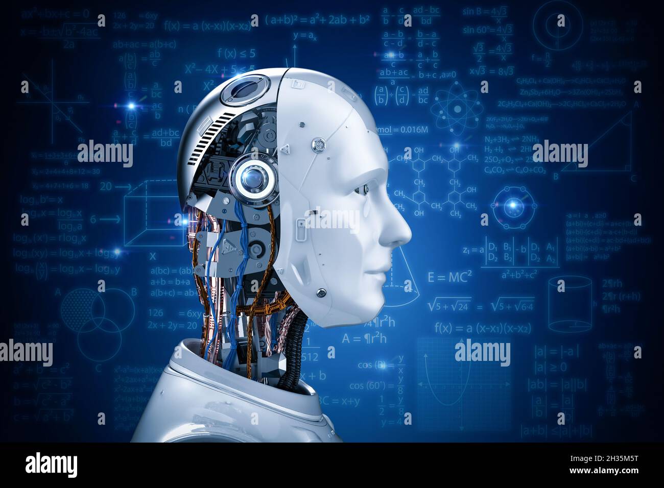 Machine learning concept 3d rendering robot with education hud ...