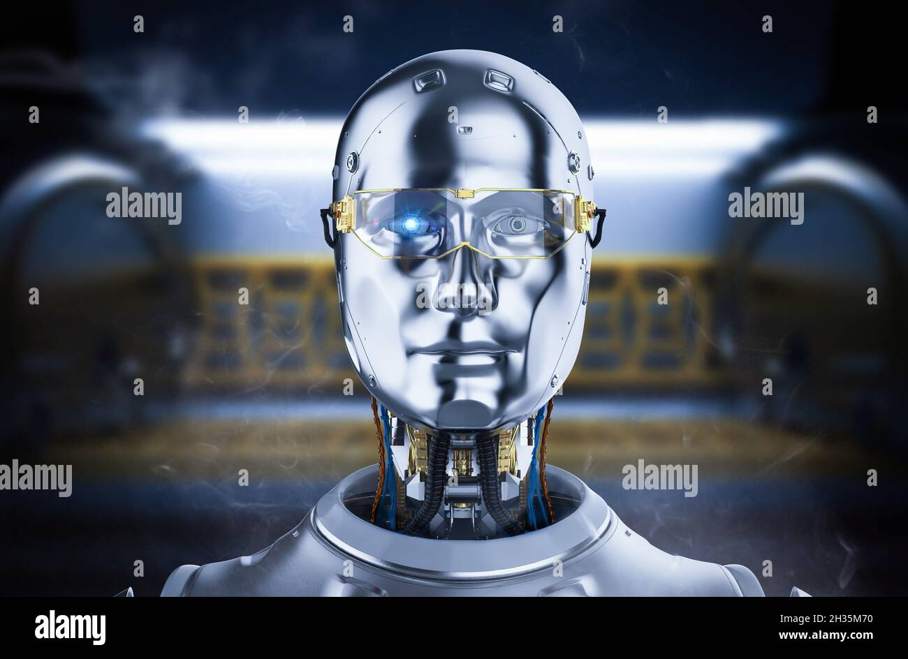 3d rendering artificial intelligence robot or cyborg in factory Stock ...