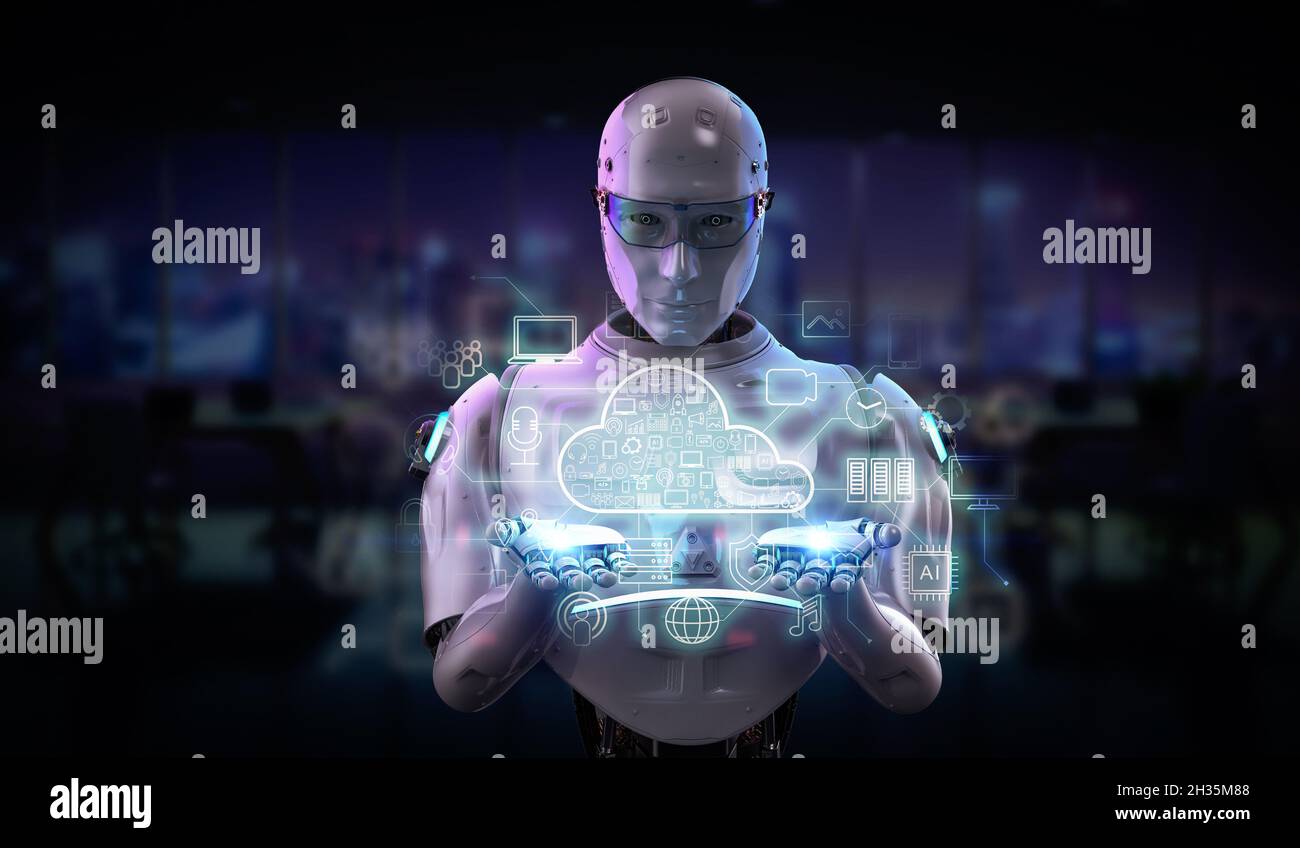 Cloud computing technology concept with 3d rendering robot with graphic ...