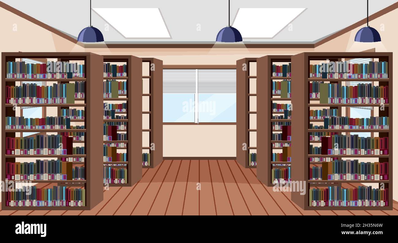 Empty library interior design with bookshelves illustration Stock ...