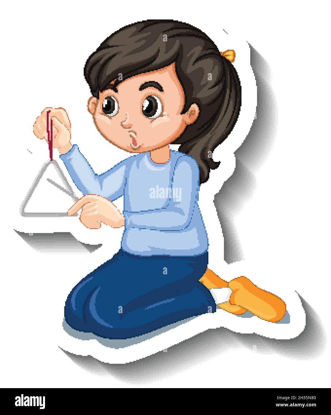 Cartoon sticker with girl playing triangle illustration Stock Vector ...