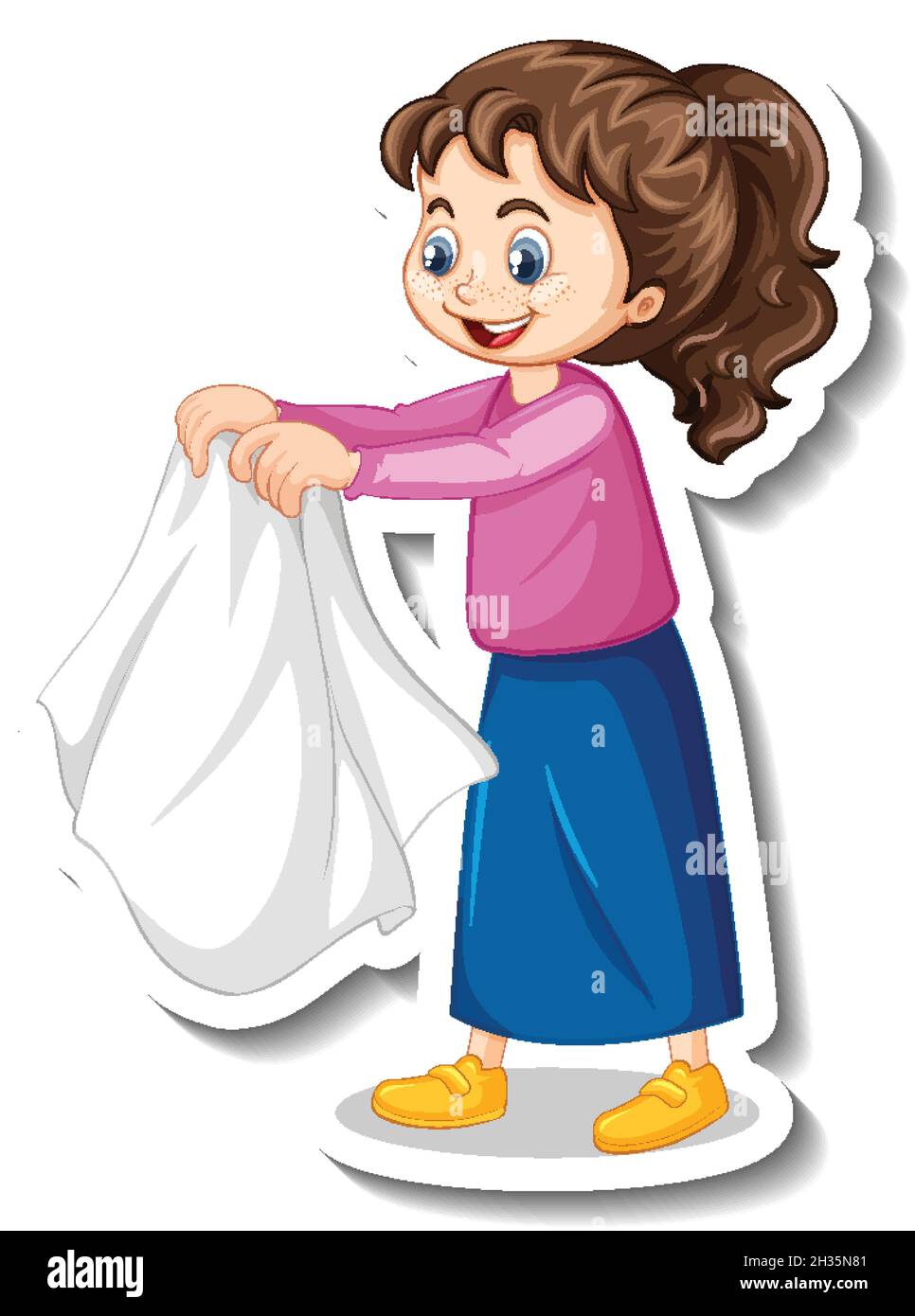 Sticker a girl drying cloth cartoon character illustration Stock Vector ...