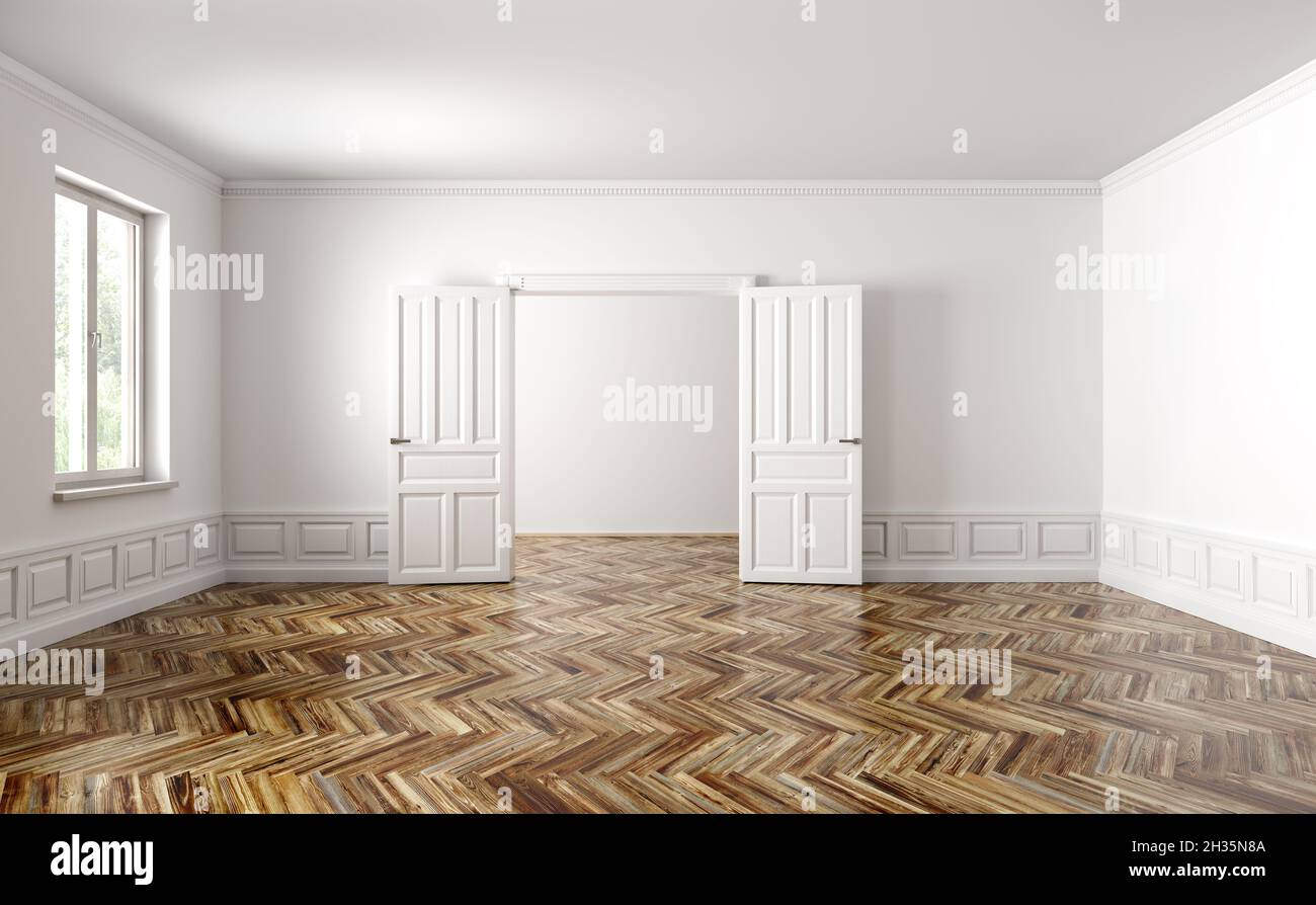 Classic interior of empty apartment with two rooms, living room with ...