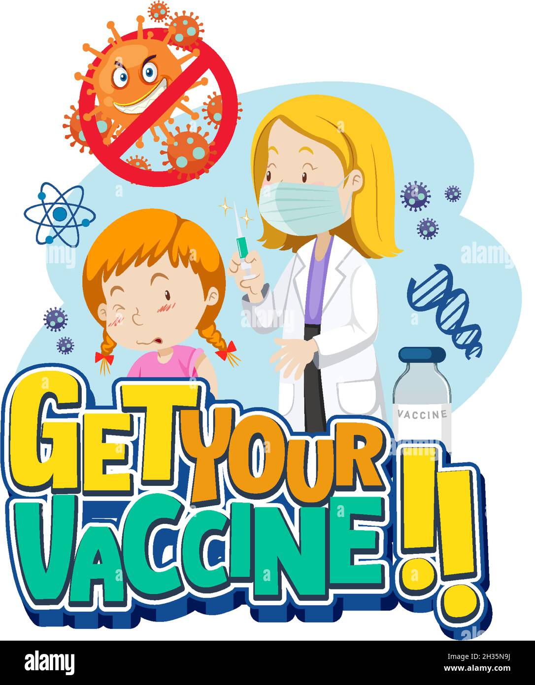 Get Your Vaccine font banner with doctor injecting vaccine to a girl ...
