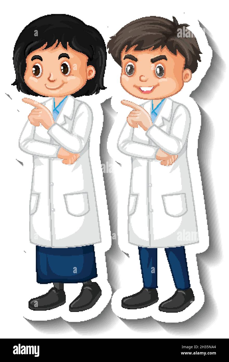 Scientist couple kids cartoon character sticker illustration Stock ...