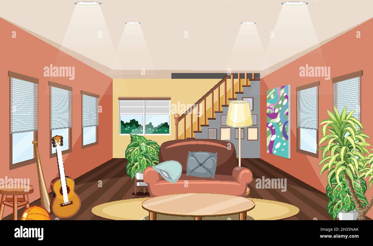 Living room interior design with furnitures illustration Stock Vector ...