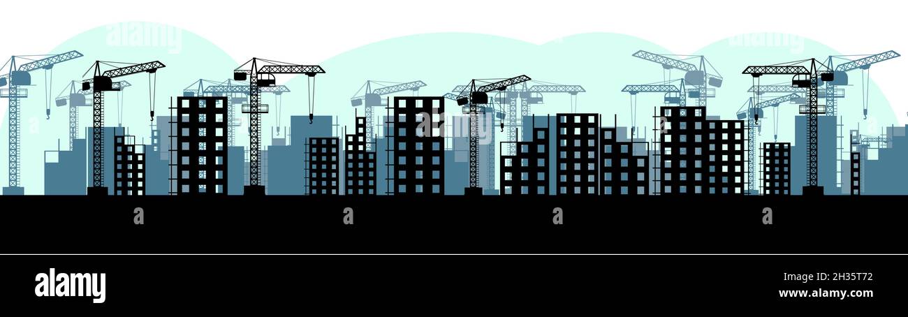 Construction of a new microdistrict of the city. Silhouette. Cranes and ...