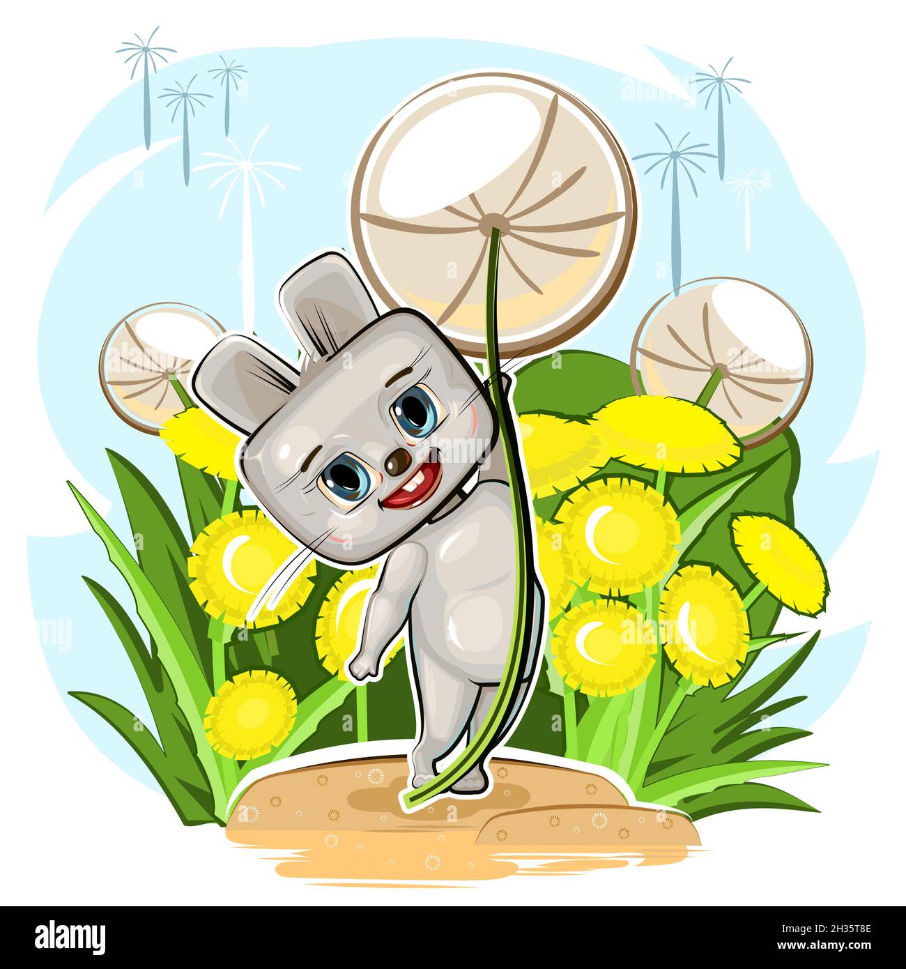 Little Hare flies on a dandelion. Funny comic baby Rabbit animal ...