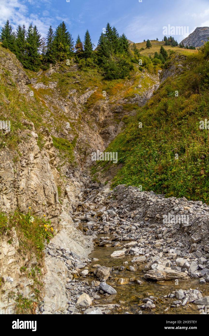Idyllic scenery around river Lech at the state Vorarlberg in Austria at ...
