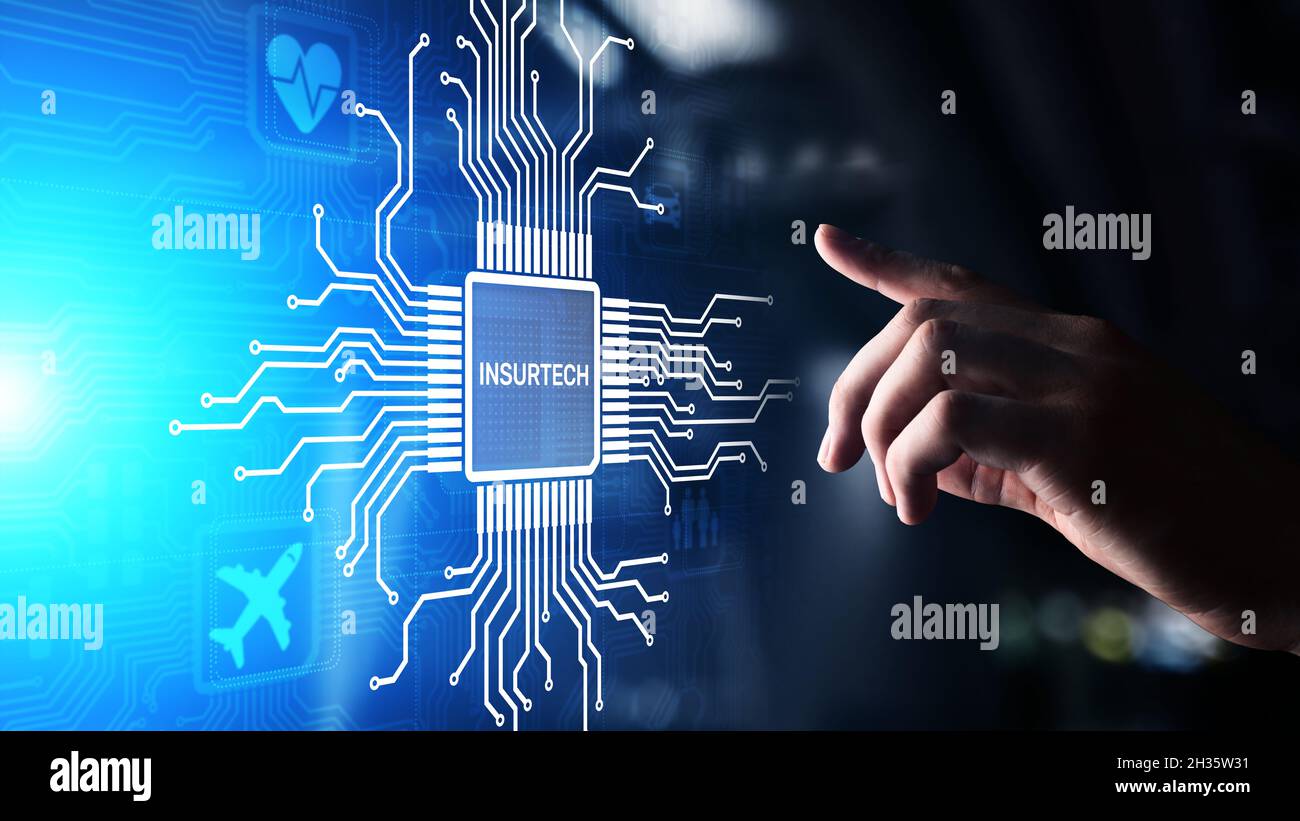 Insurtech button on virtual screen. Insurance technology internet ...