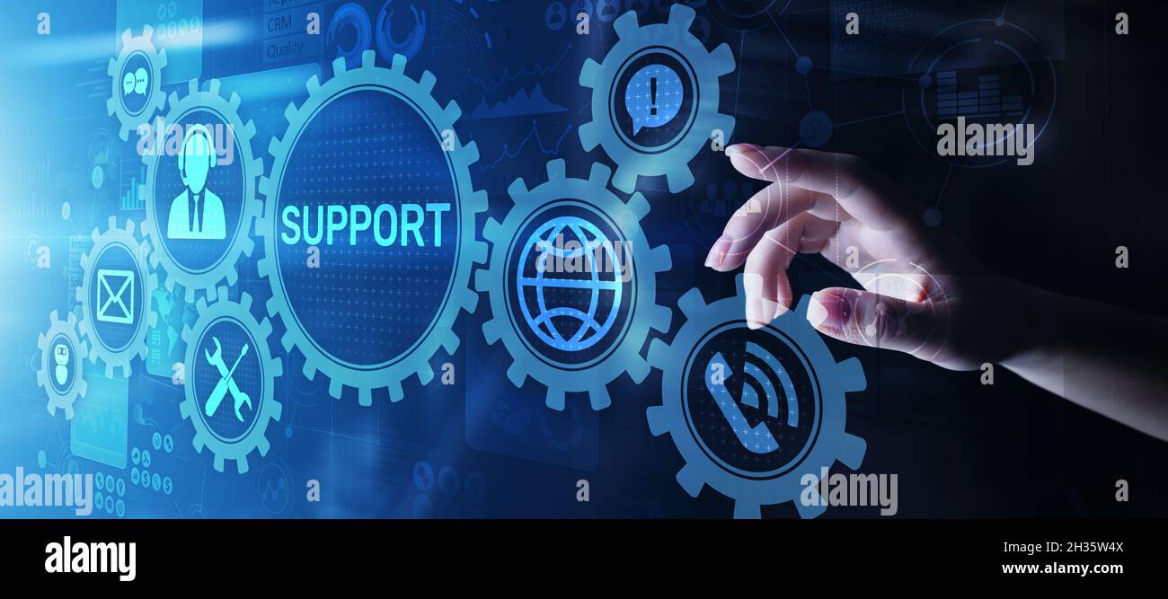 Support button on virtual screen. Customer service and communication ...