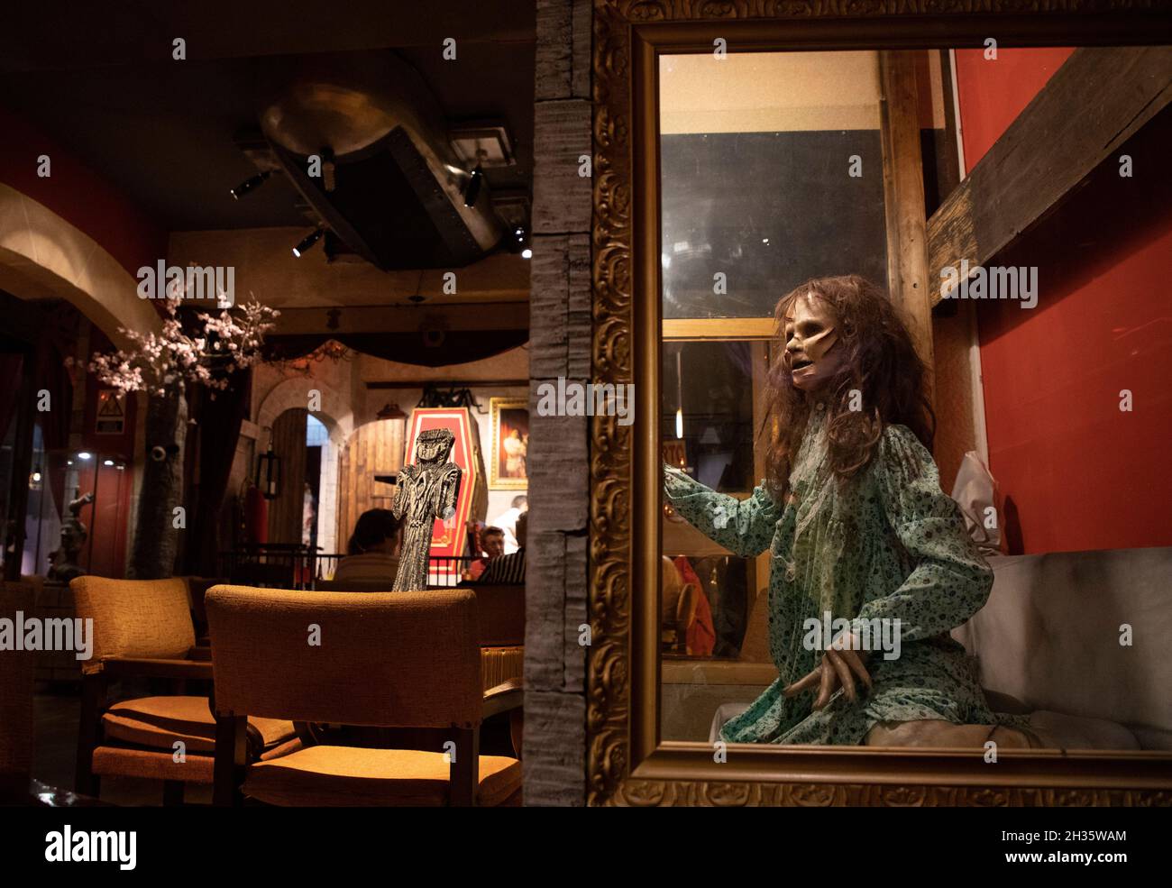 Palma, Spain. 23rd Oct, 2021. A scary wax figure is on display in the ...