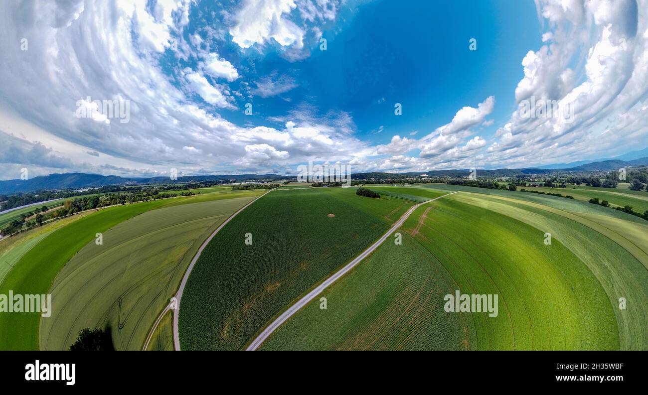 Spherical abstract panoramic aerial view in a field with fantastic ...