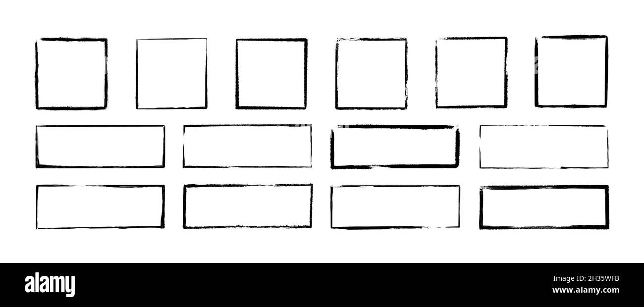Grunge square and rectangle frames. Ink empty black boxes set ...