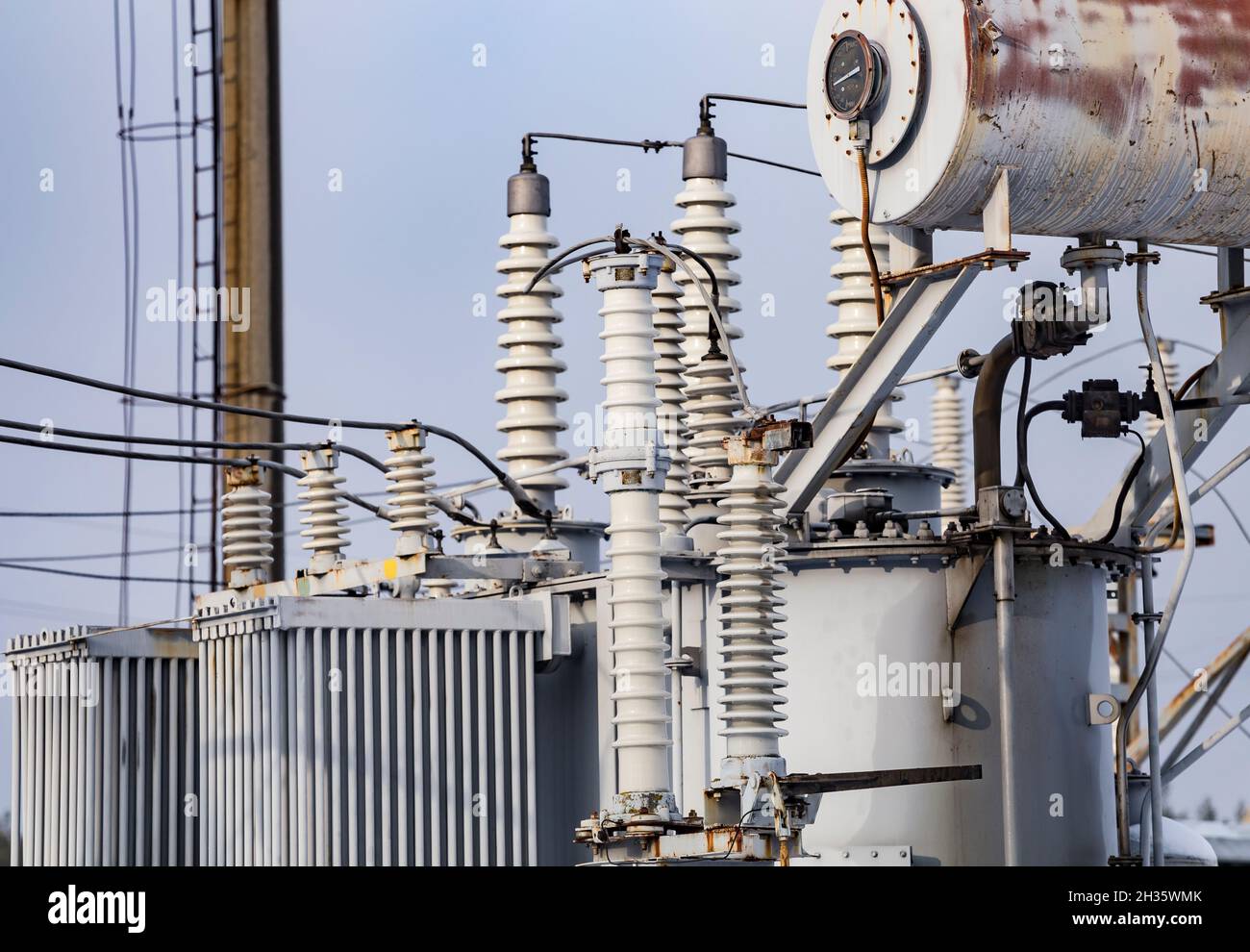 close up of Transformer oil tank on High voltage obsolete vintage ...