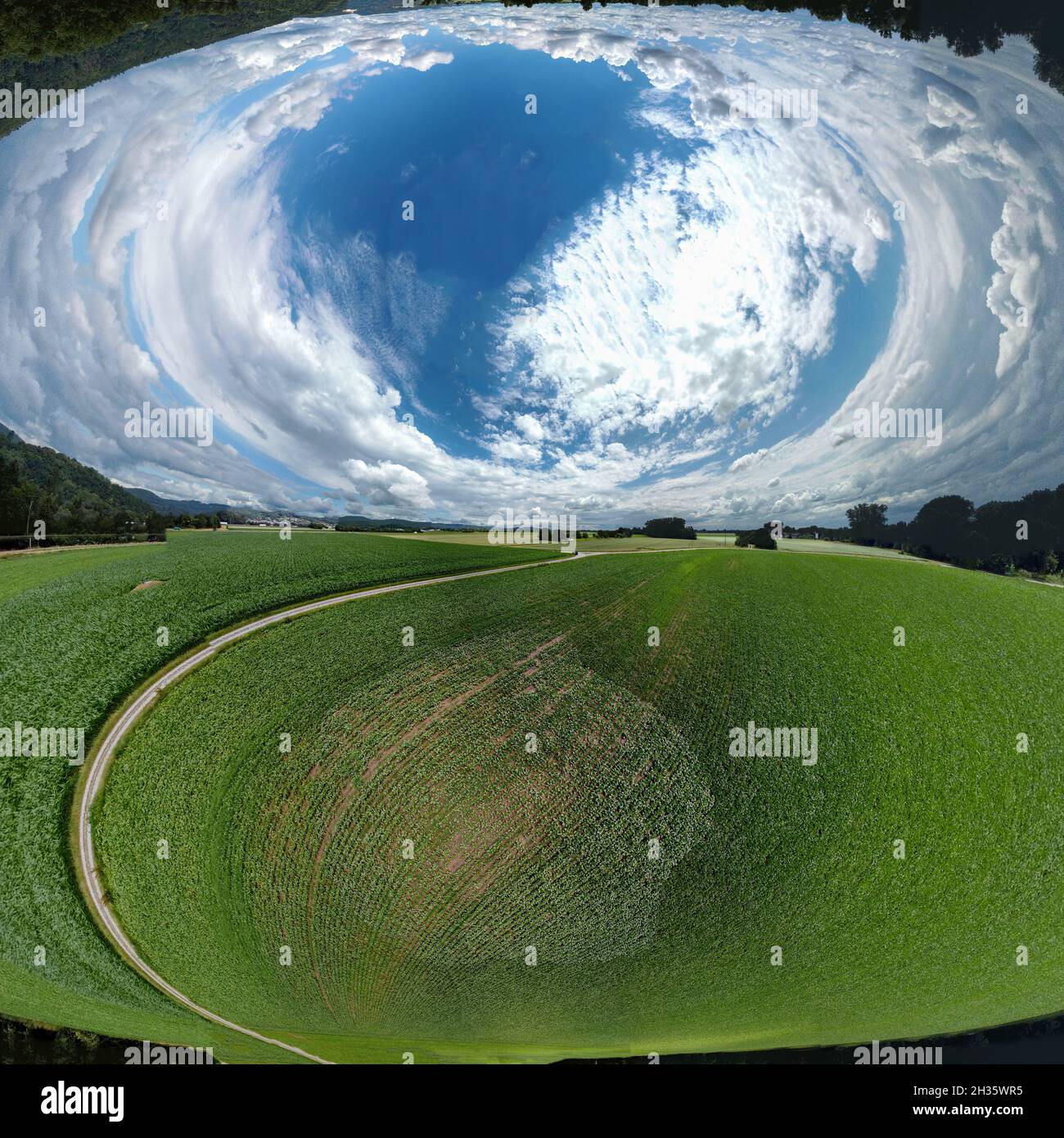 Spherical abstract panoramic aerial view in a field with fantastic ...