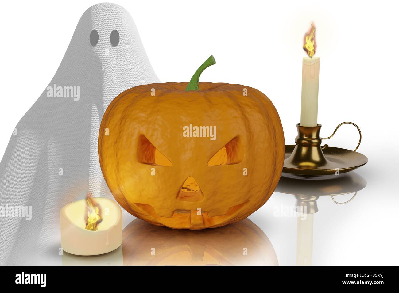 3d illustration. Halloween. Carved pumpkin and ghost Halloween party ...