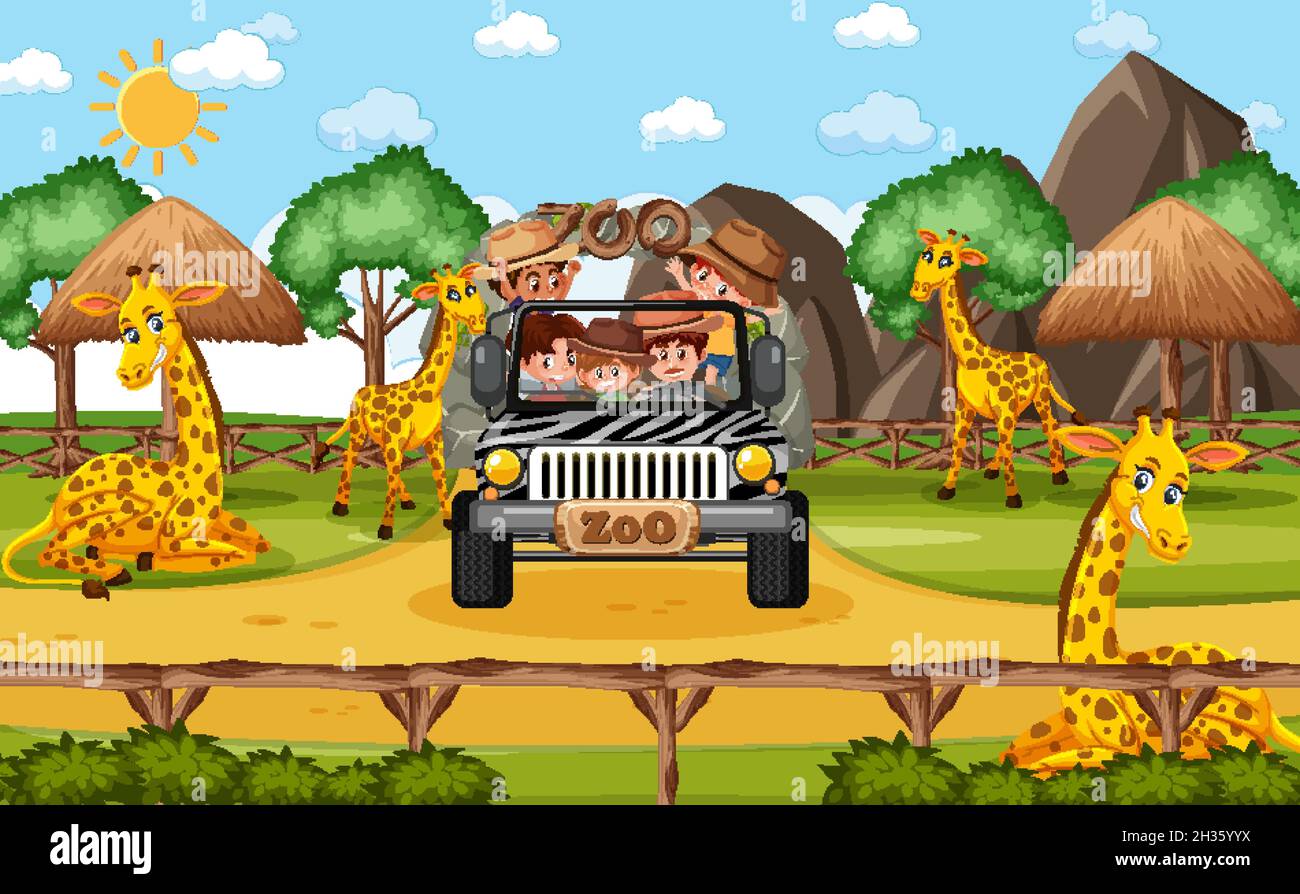 Safari scene with kids on tourist car watching giraffe group ...
