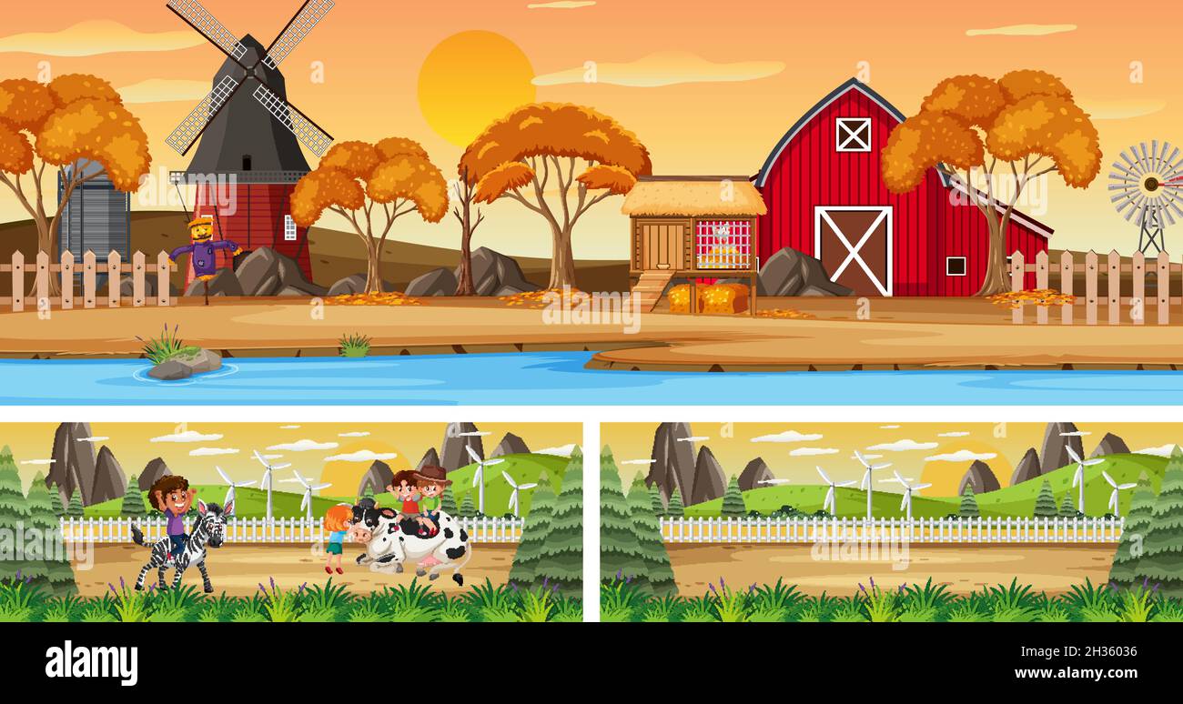 Outdoor panoramic landscape scenes set with cartoon character ...