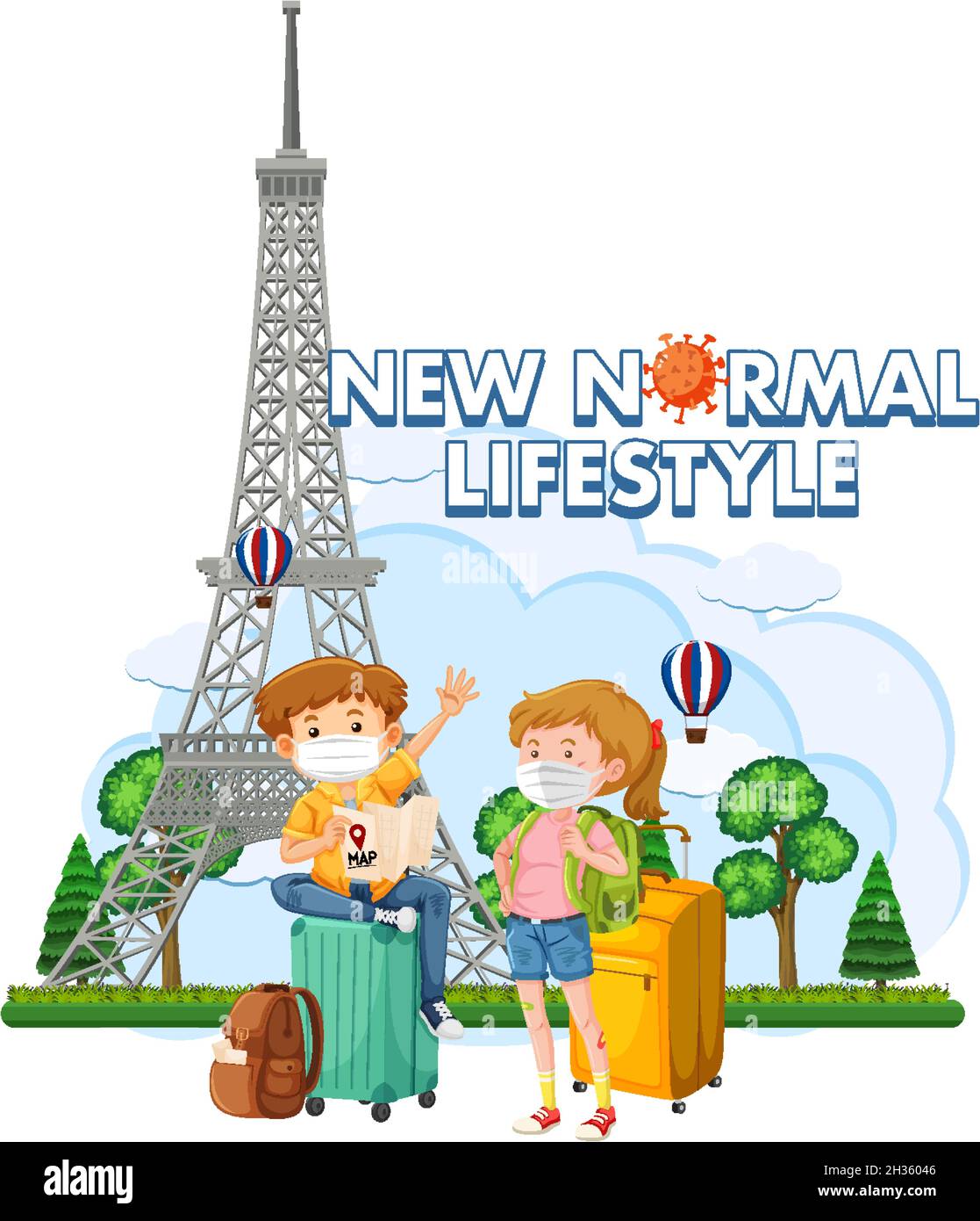 New normal lifestyle logo with couple tourist wearing mask illustration ...