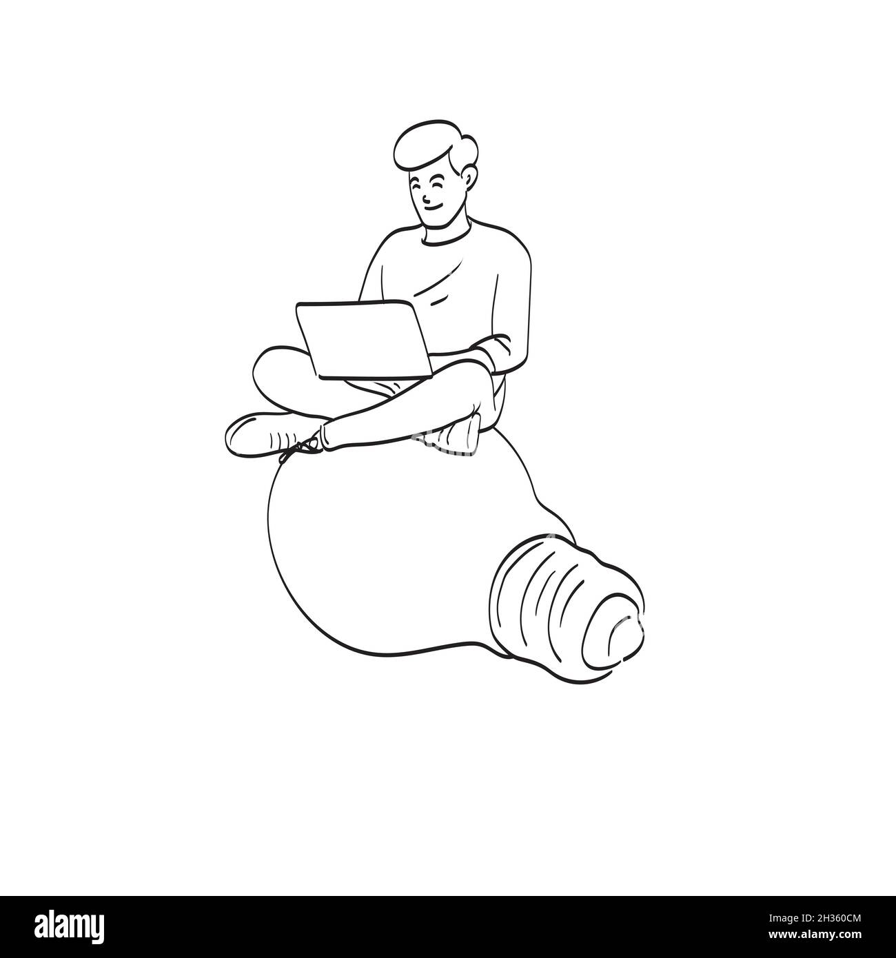 line art man working on laptop computer sitting on big light bulb ...