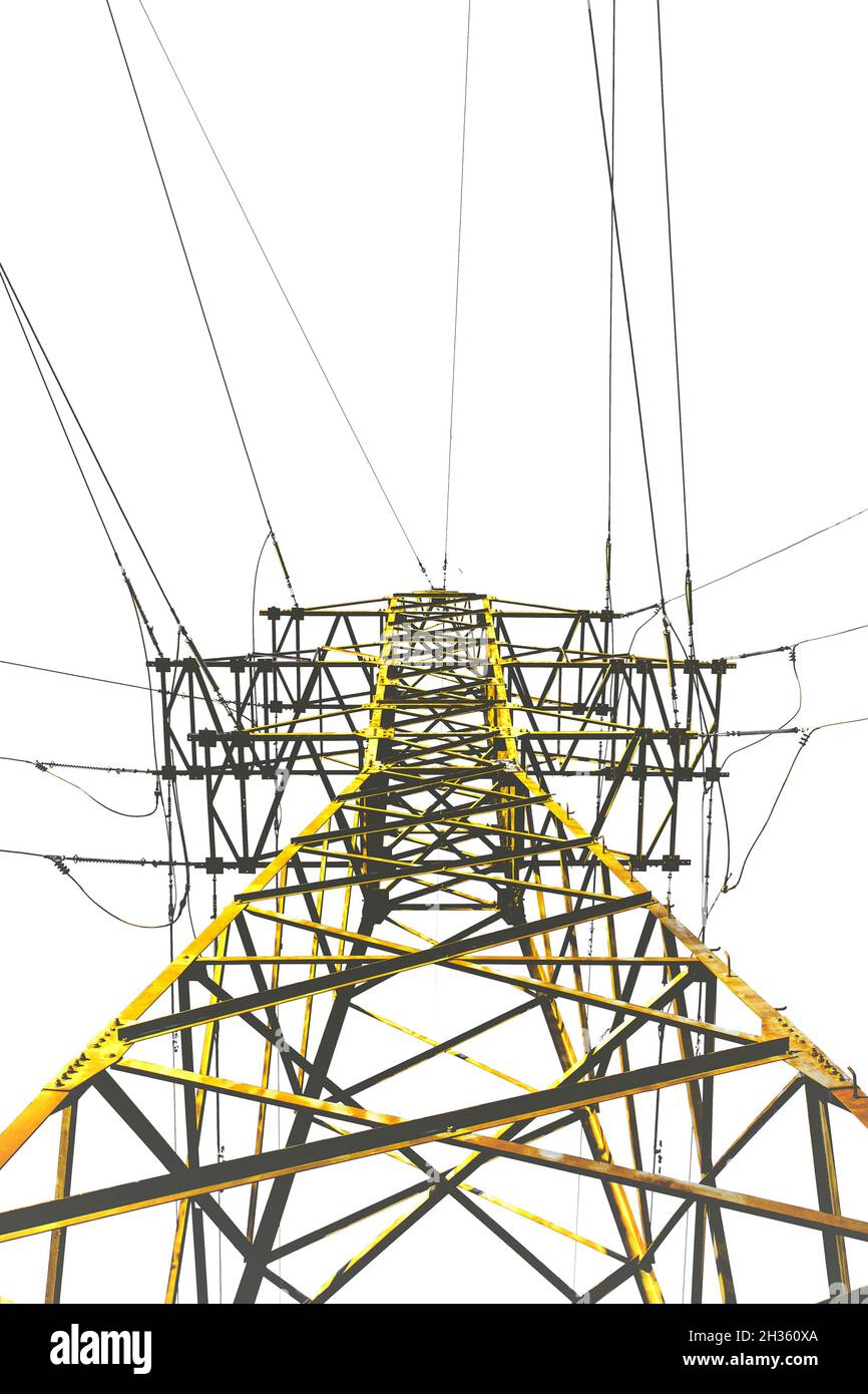 High voltage yellow pole isolated on white background Stock Photo - Alamy