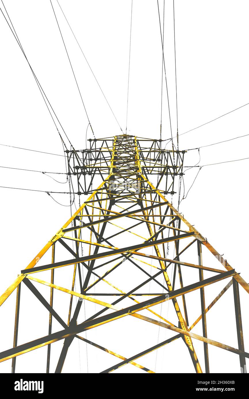 High voltage yellow pole isolated on white background Stock Photo - Alamy