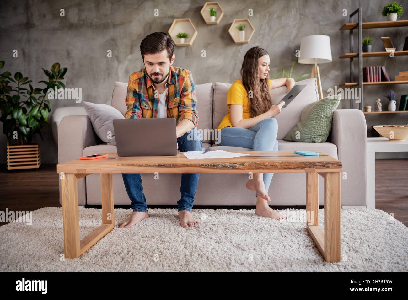 Photo of attractive beautiful young couple wear casual outfits busy ...