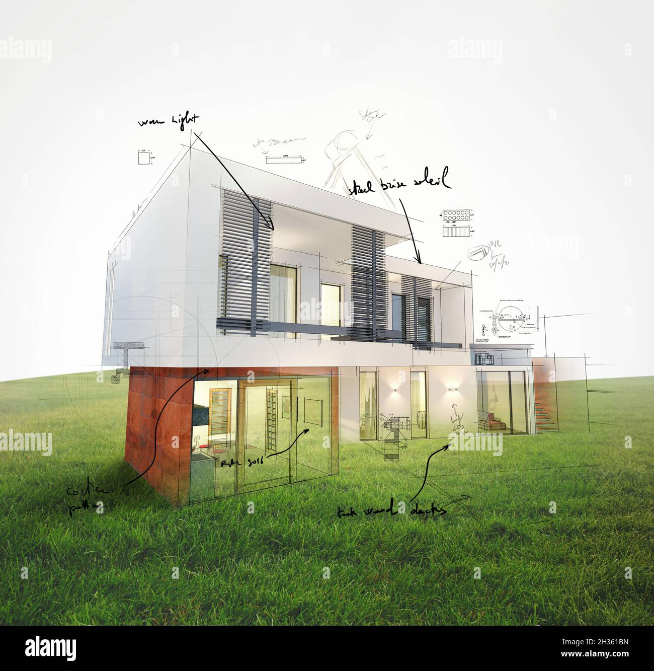 Project of a house on a lawn 3d rendering Stock Photo - Alamy
