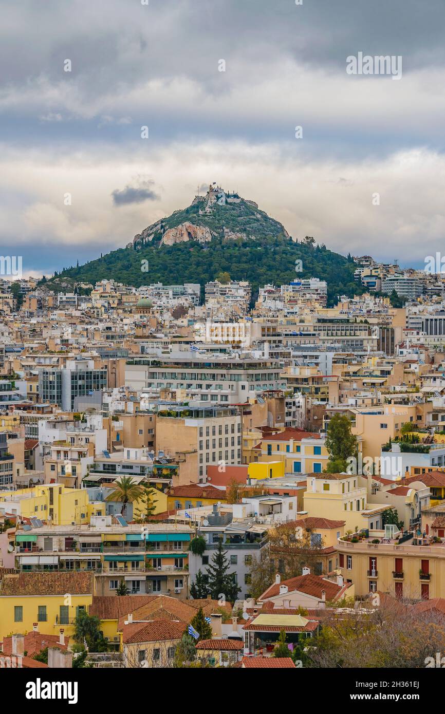 Aerial view cityscape of athens from top of philopappos hill, a famous ...
