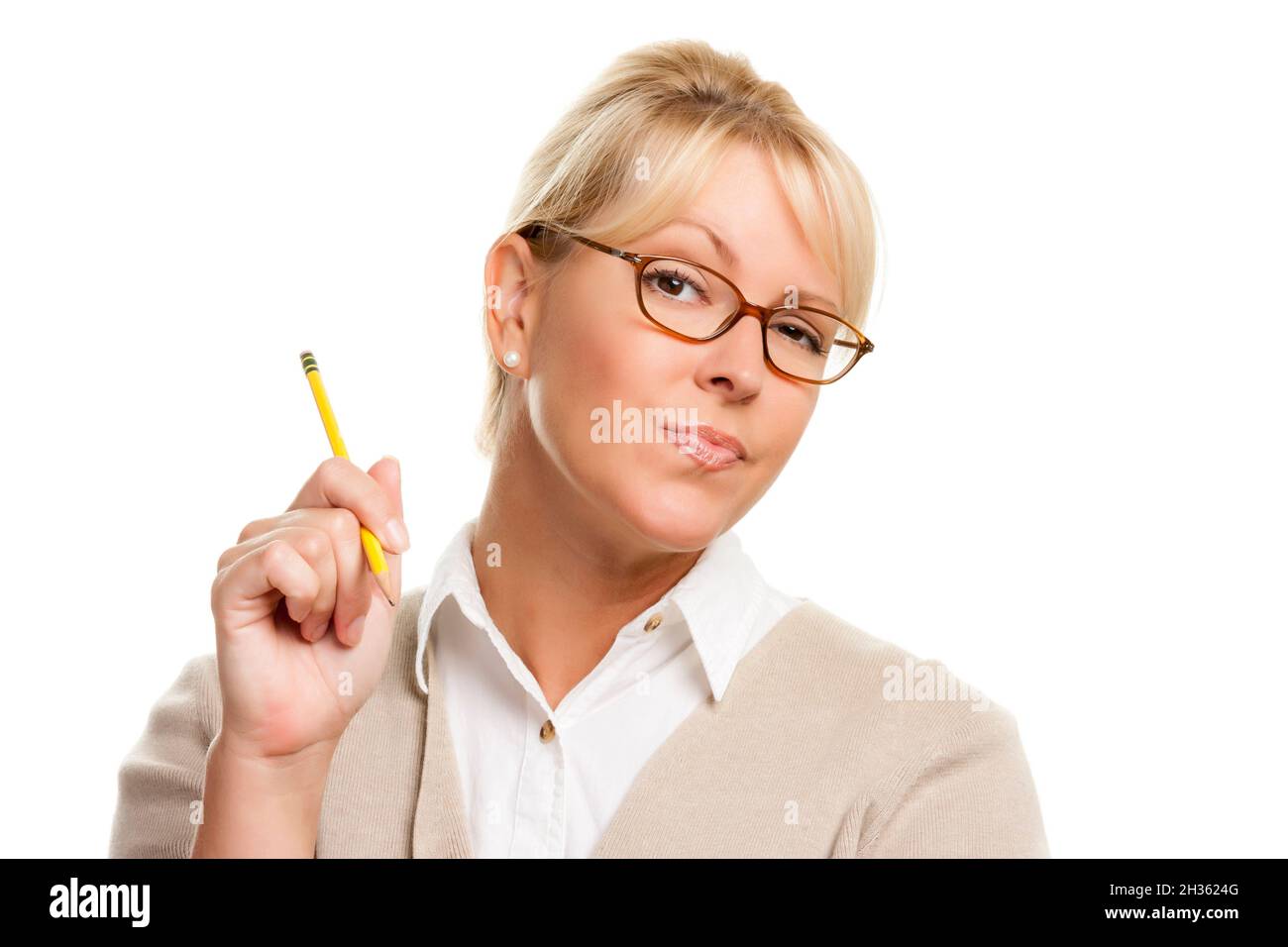 Beautiful Woman with Questioning Expression Holding Pencil Isolated On ...