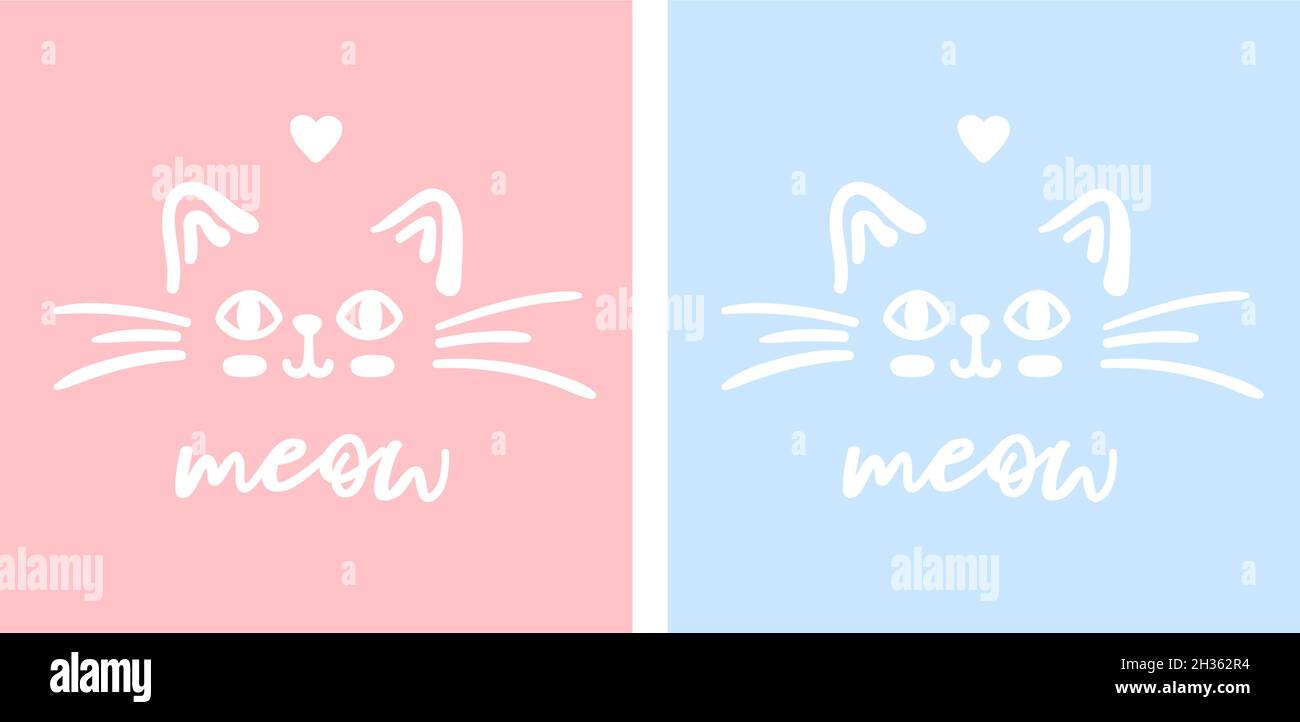 Set of two cute cat faces meow vector doodle illustration isolated on ...
