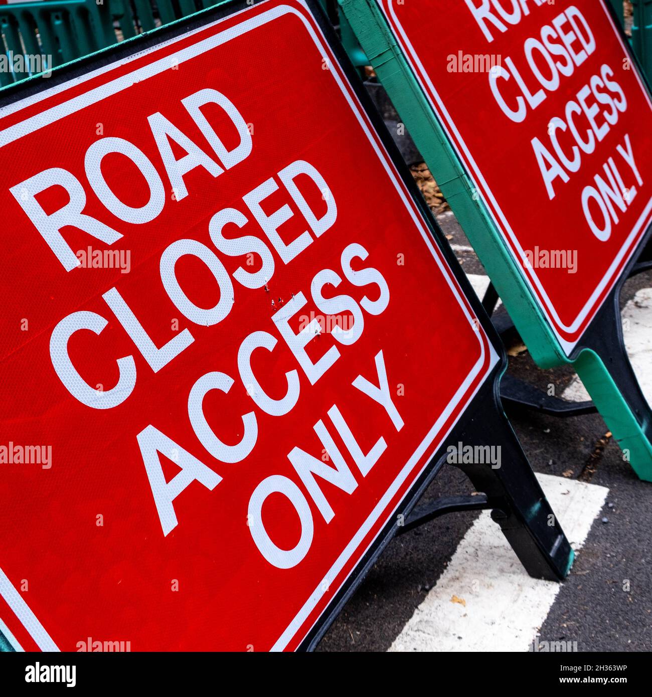 Road Closed Access Only Red Warning Signs Or Notices To Motorists With ...