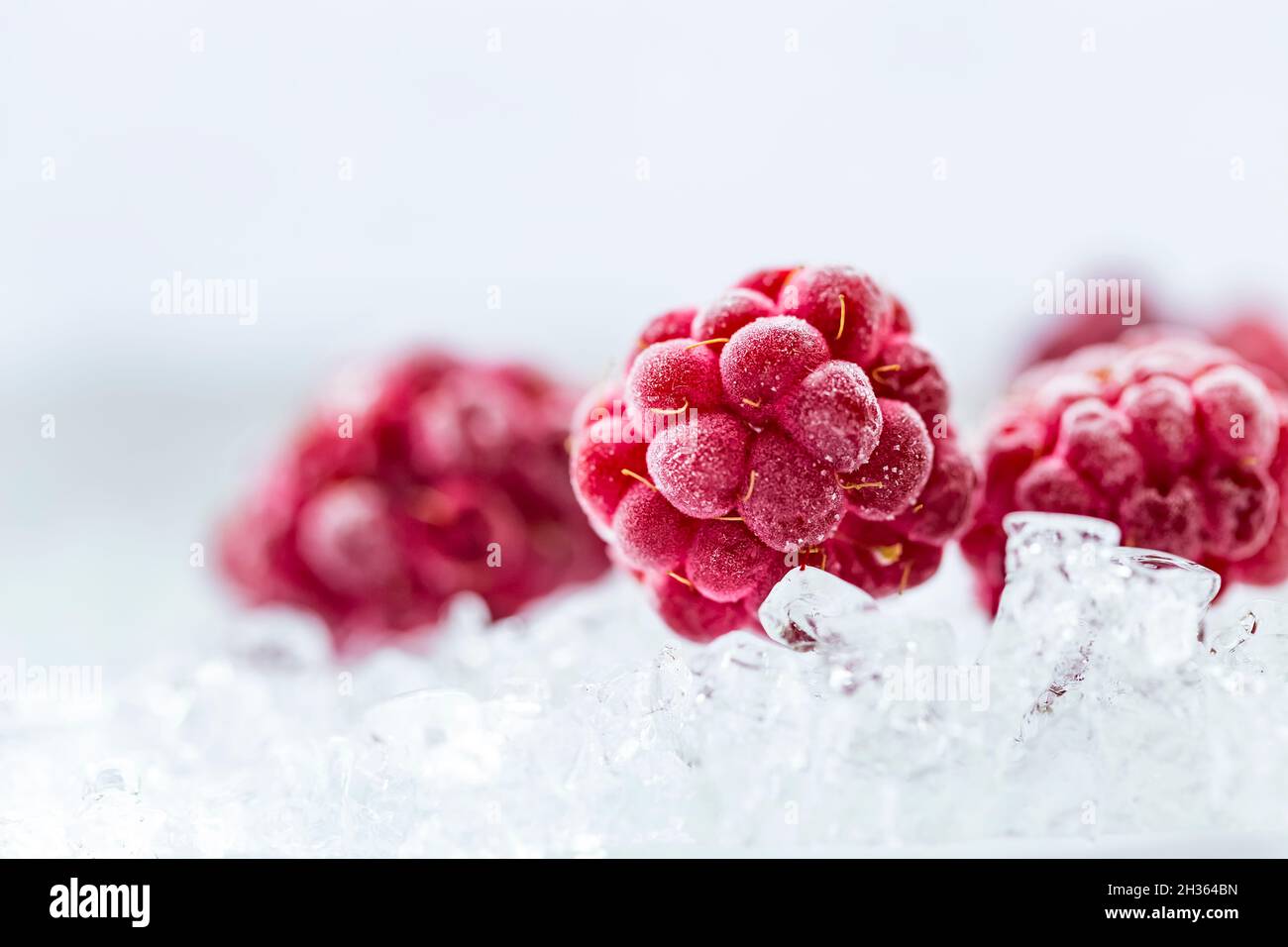 Extreme close up of frozen frosty raspberries lying on crushed ice ...