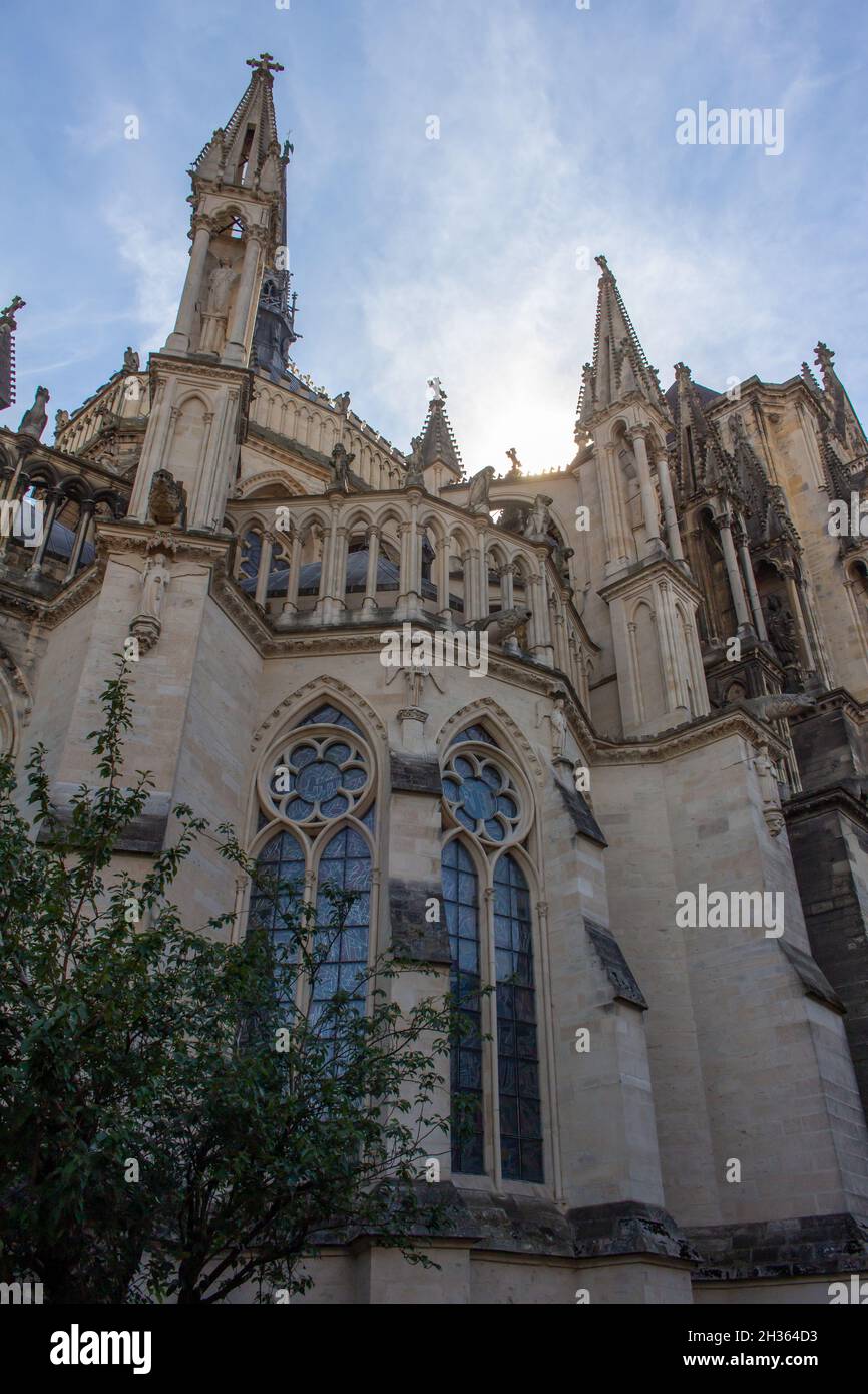 Close up exterior view of the ornate medieval Our Lady of Reims ...