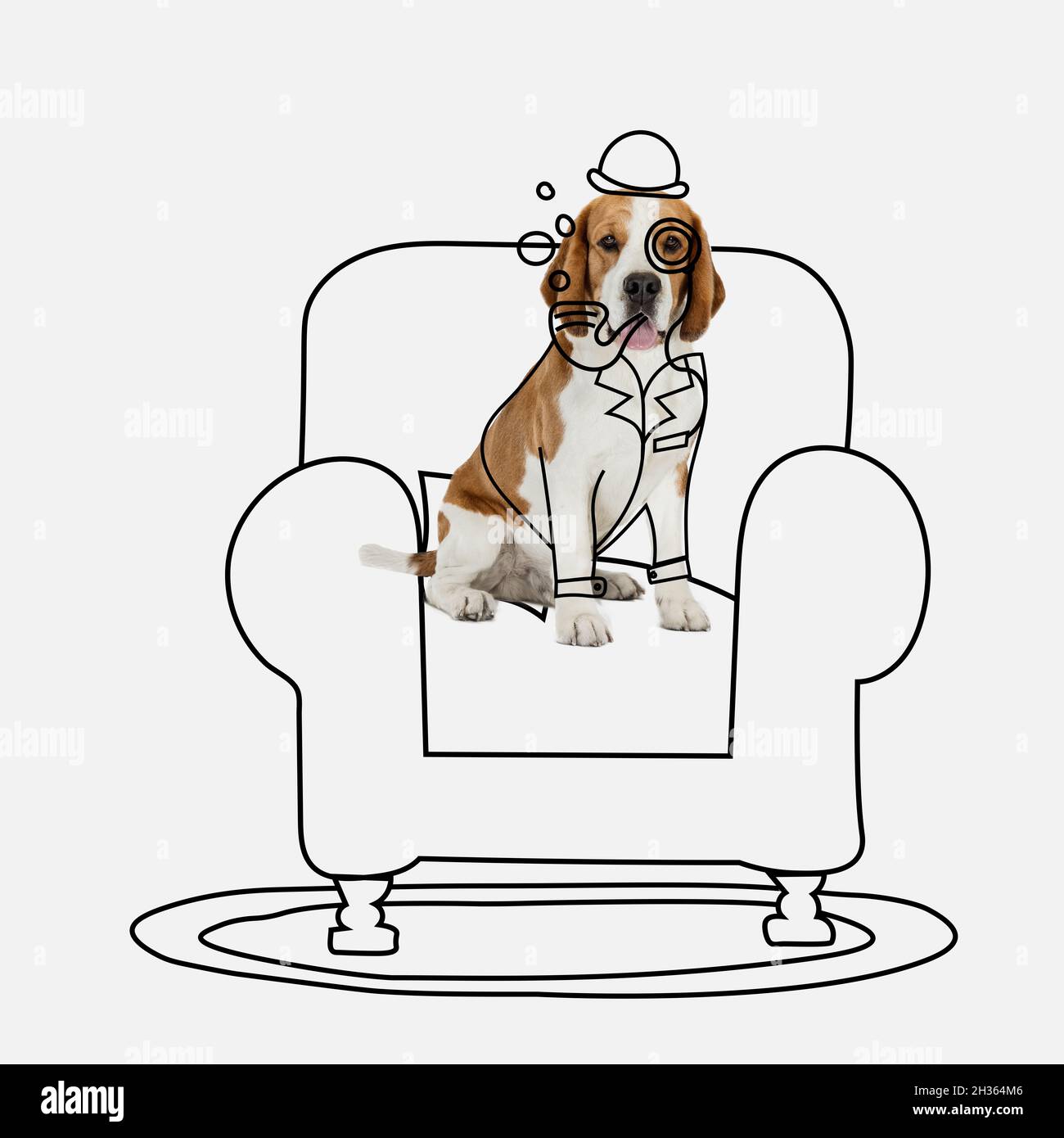 Contemporary artwork. One cute dog, Beagle sitting and smoking pipe ...
