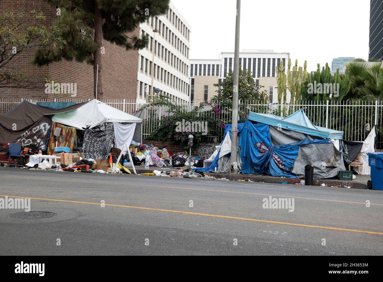 Los Angeles, CA USA - September 28 2021: Homeless encampment and piles ...