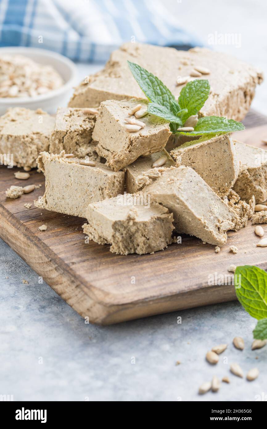 Sunflower halva close-up. Sweet oriental dessert halva. Sweets for tea Stock Photo - Alamy