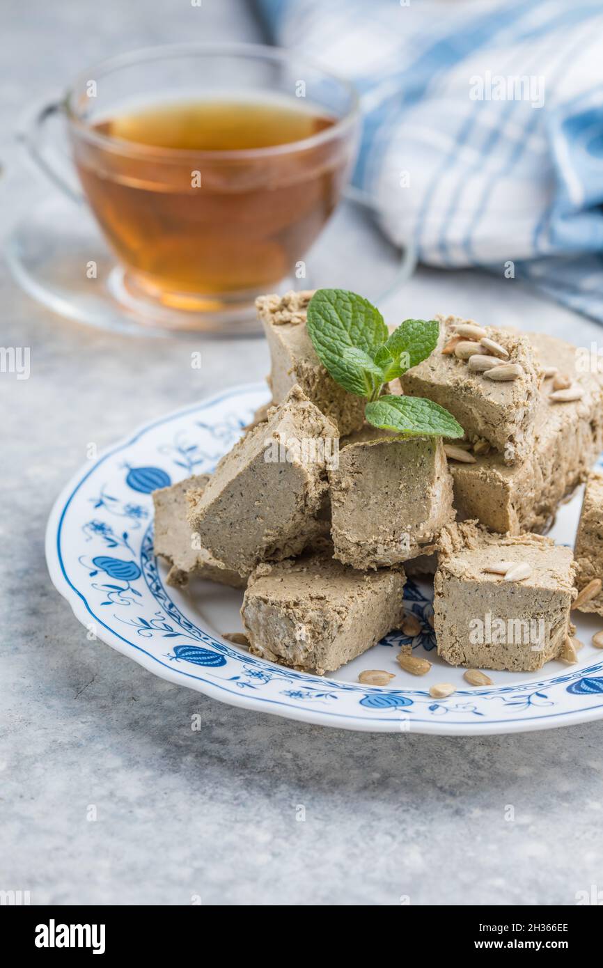 Sunflower halva close-up. Sweet oriental dessert halva. Sweets for tea Stock Photo - Alamy