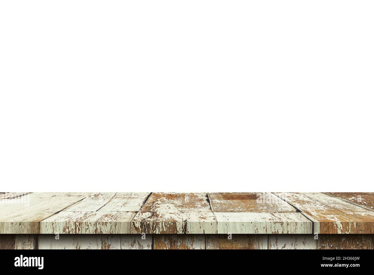 Empty old wood table on isolate white background and display montage ...