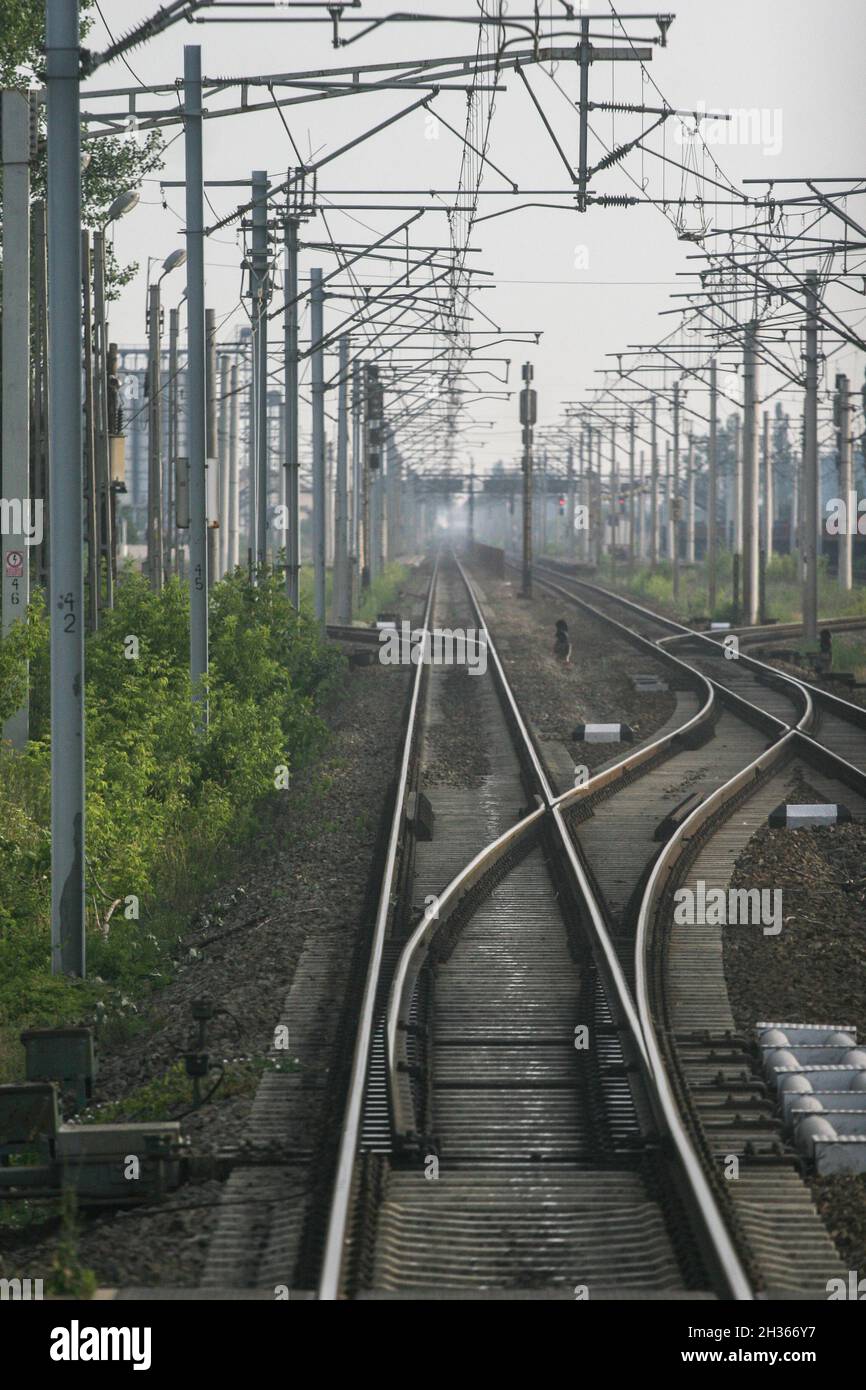 Cluj-Napoca, Romania, June 7, 2009: Converging railway rail tracks run ...