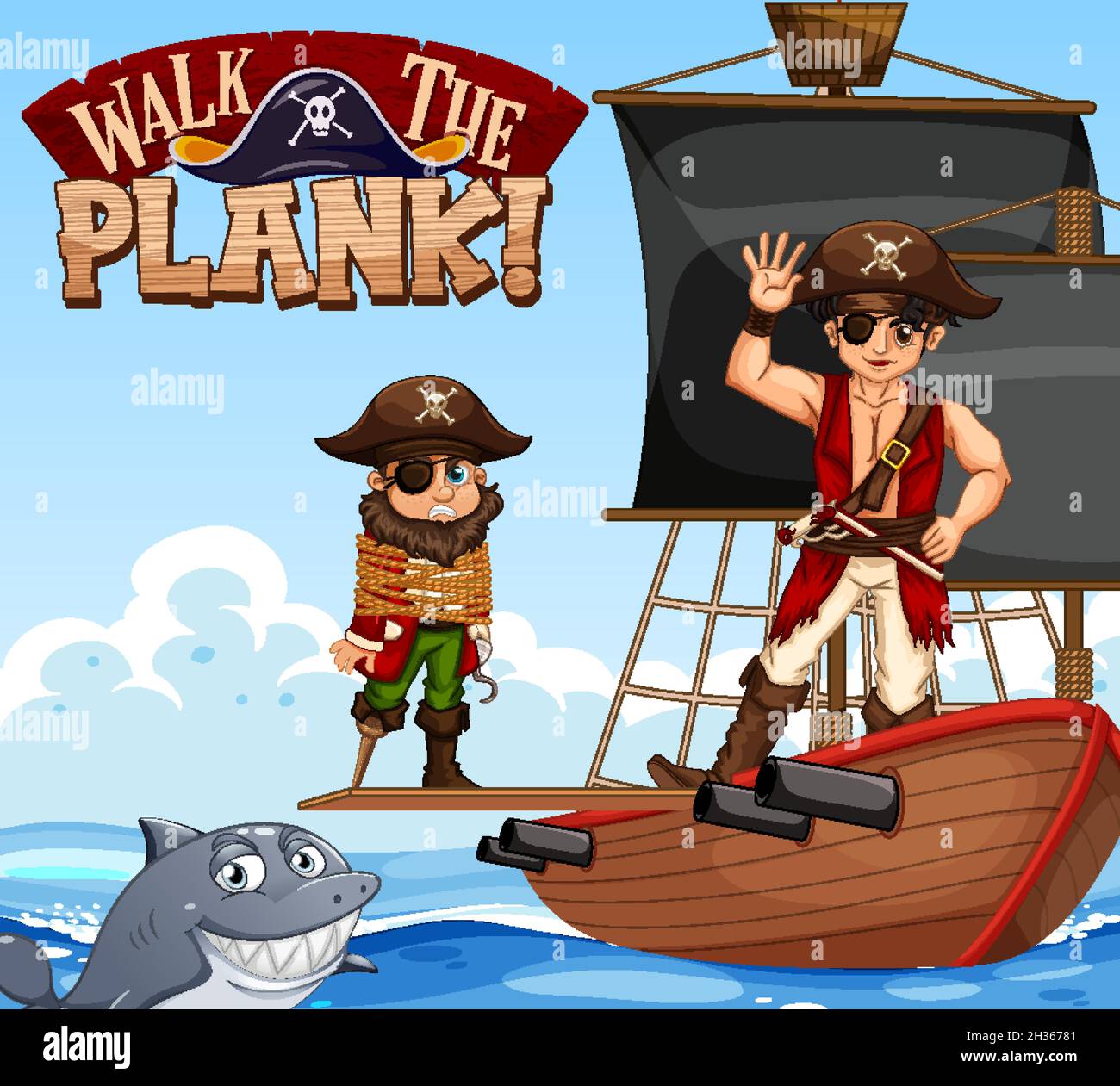 Walk The Plank font banner with pirate cartoon character with pirate ...